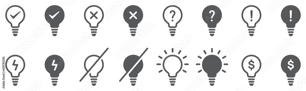 Set of light bulb icons. Lamp with check marks and signs, light bulbs ...