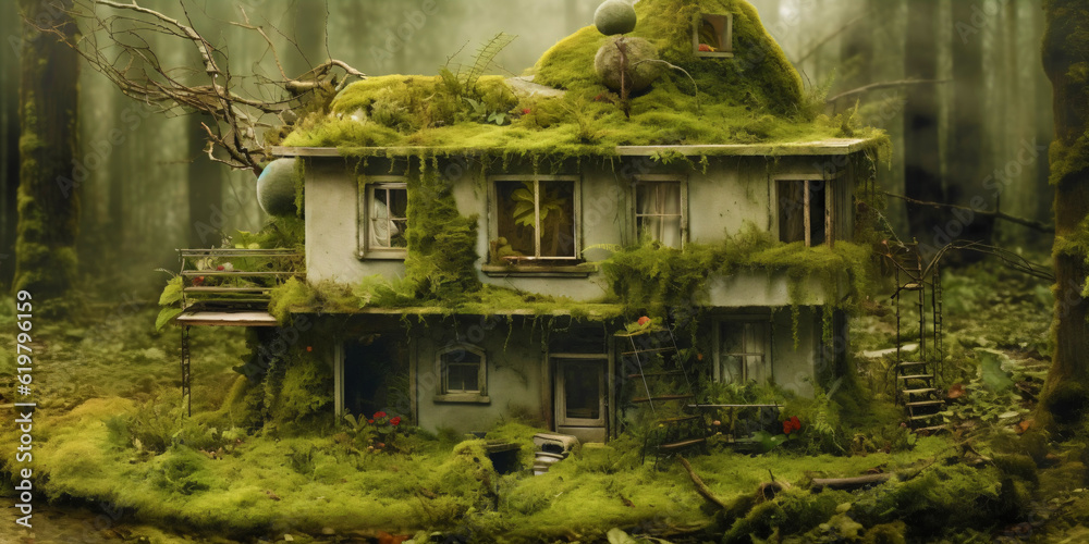house overgrown with moss, fictional architecture made with generative ...