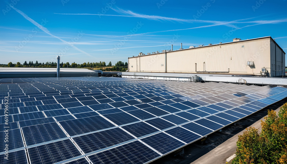 Solar panels on factory.Architectural detail of metal roofing on ...
