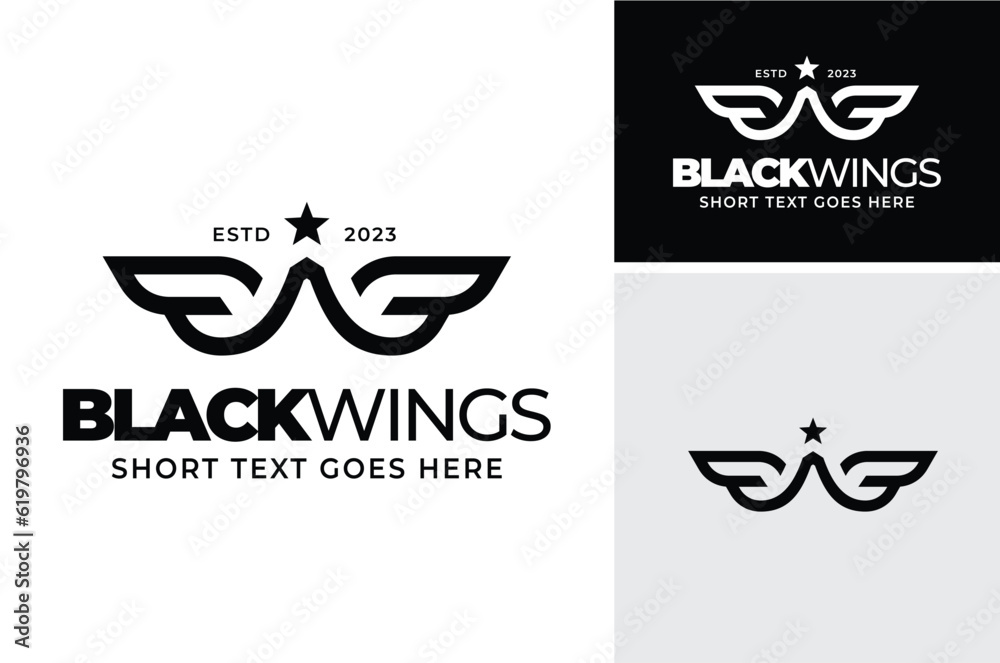 Initial Letter B Black Bold W BW WB with Angel Wings or Eagle Falcon ...