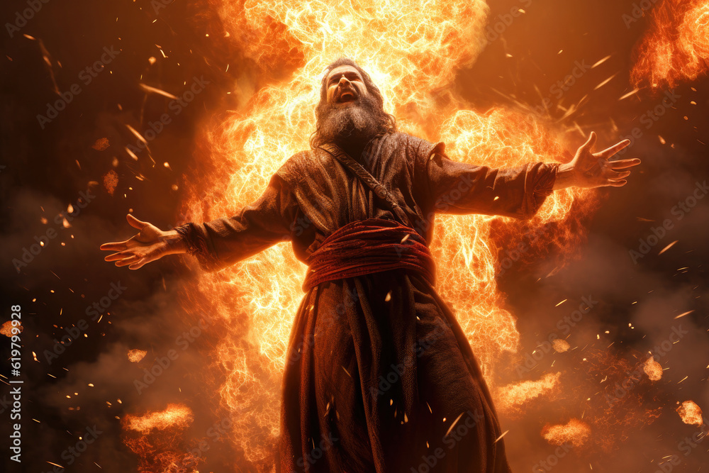 Elijah praying to God and causing fire to fall from heaven on the ...