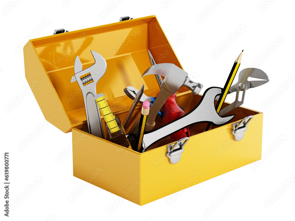Yellow toolbox with hand tools. Transparent background. 3D illustration ...