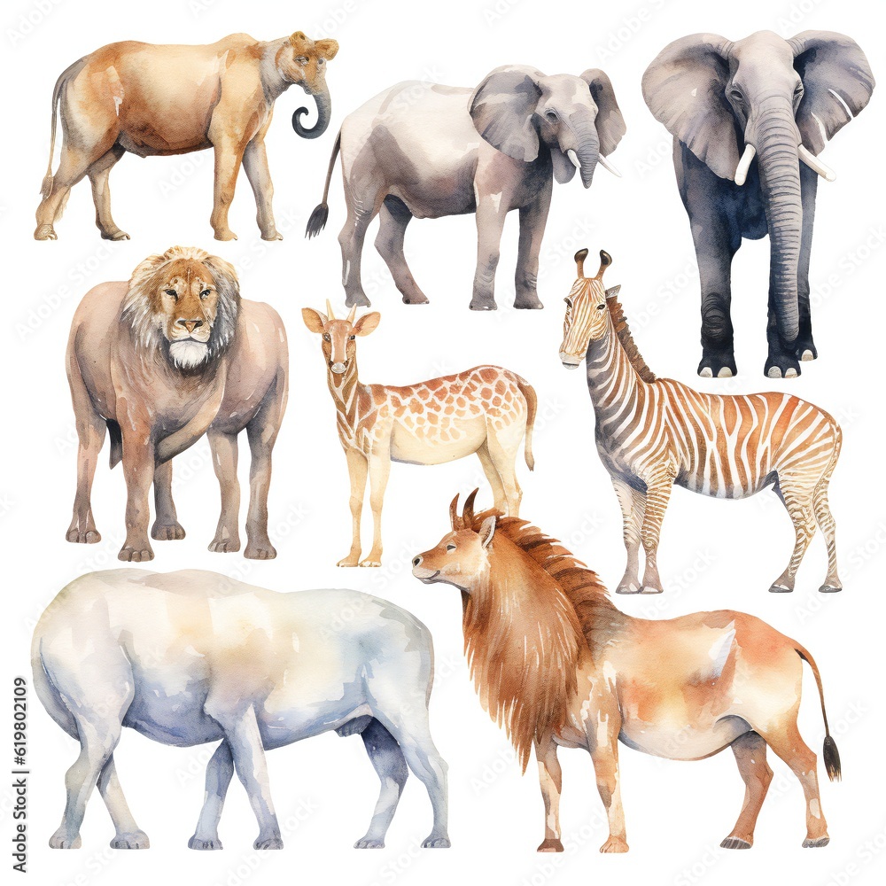 Vintage watercolor African Animals clip art set on white background ...