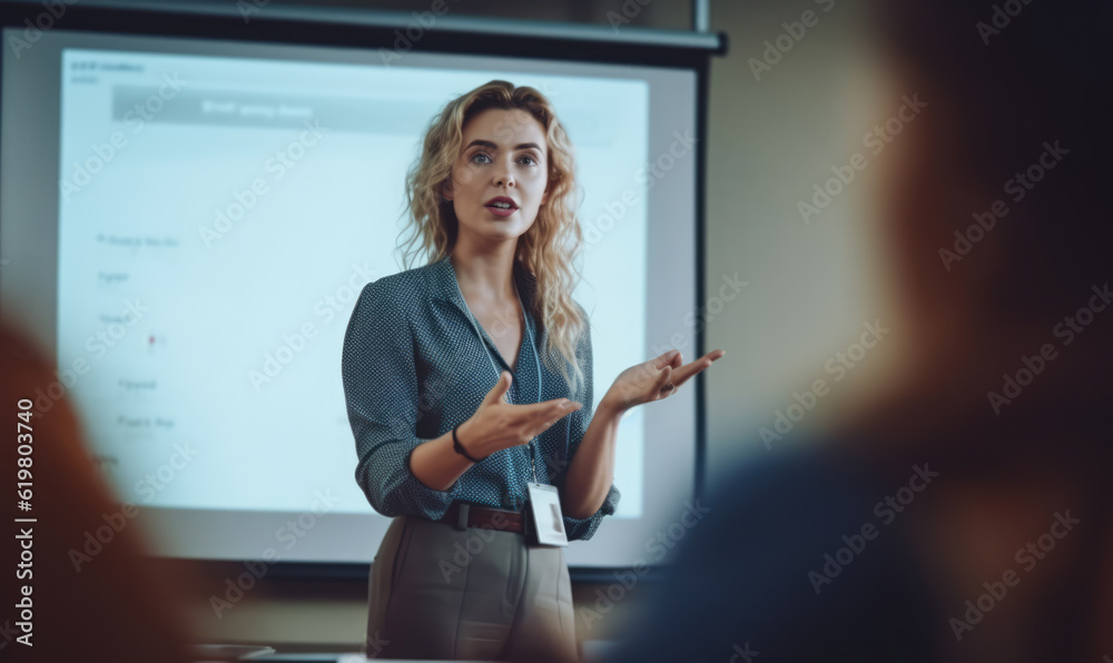Successful mature business woman leading a seminar, giving a ...