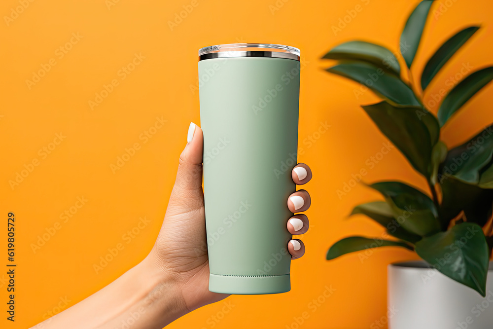 Realistic Hand Holding 20oz Skinny Tumbler Mockup with Full Wrap Design ...