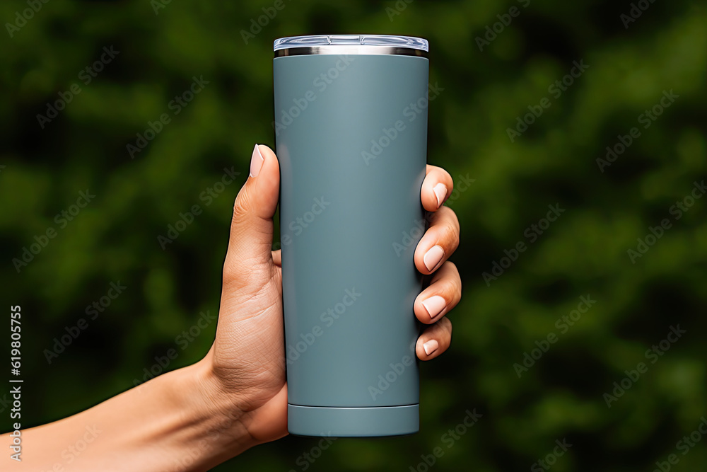 Realistic Hand Holding 20oz Skinny Tumbler Mockup with Full Wrap Design ...
