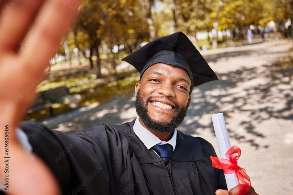 Black man, graduation selfie and diploma for college student, smile and ...