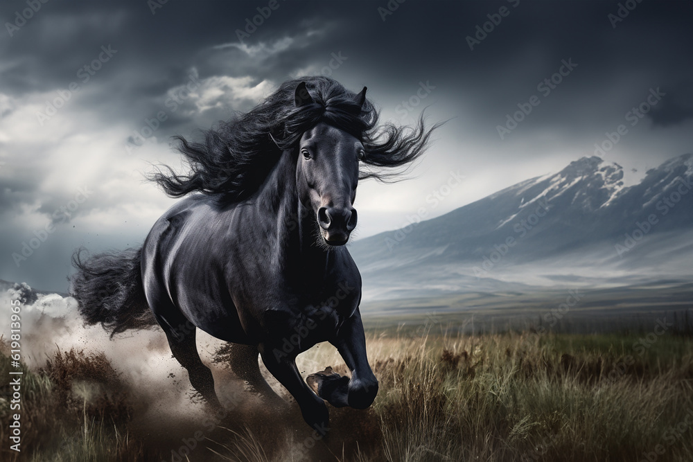 beautiful wild shiny black stallion horse galloping across a vast ...