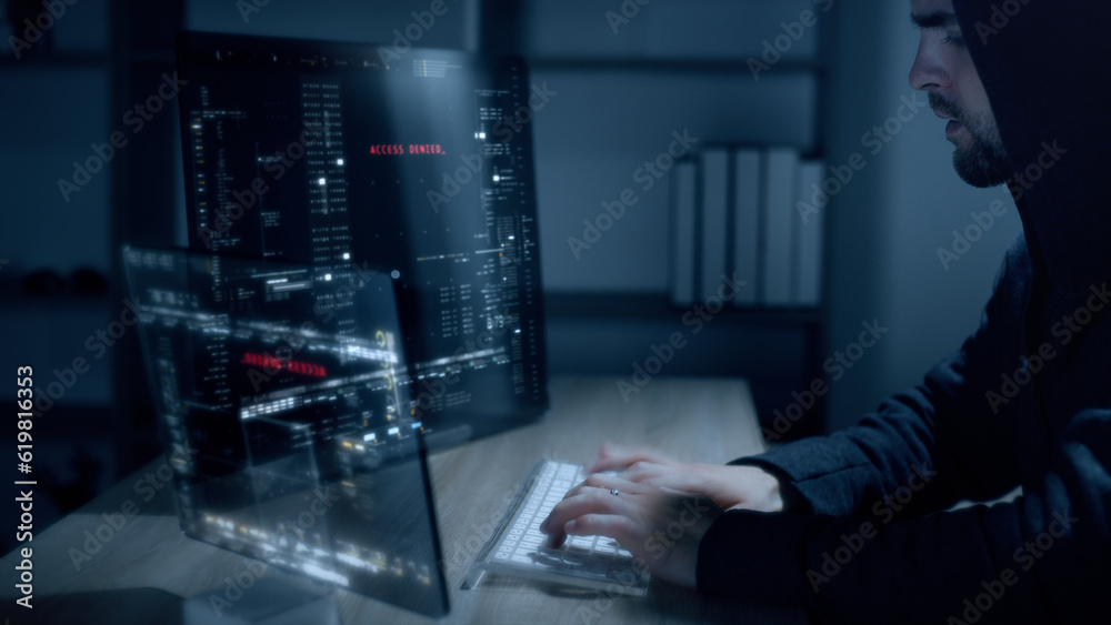 Futuristic cyber hacker operating under the guise of Anonymous, employs advanced algorithms to ...