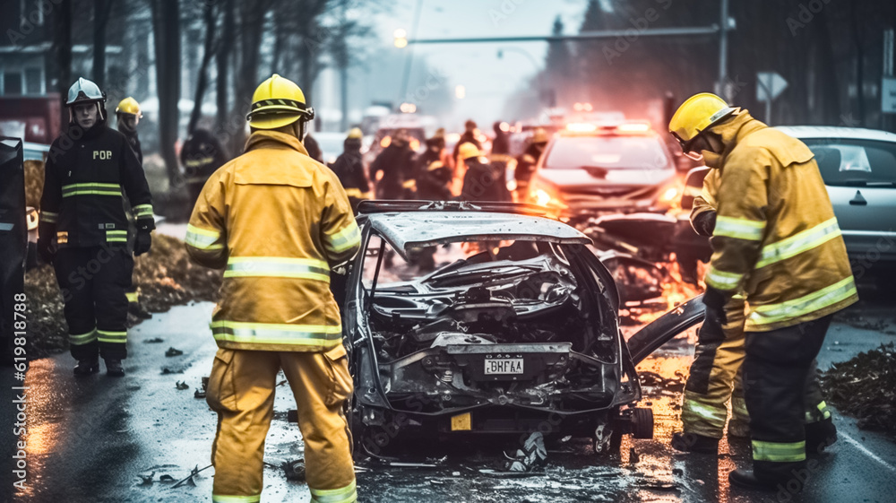 Paramedics and Firefighters arrive on the Car Crash Traffic Accident ...