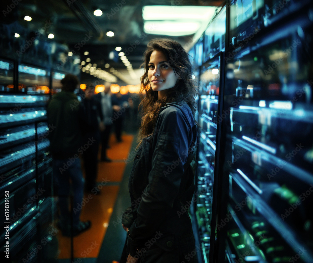 Ilustracja Stock: In the digital heart of a data center, a young woman ...