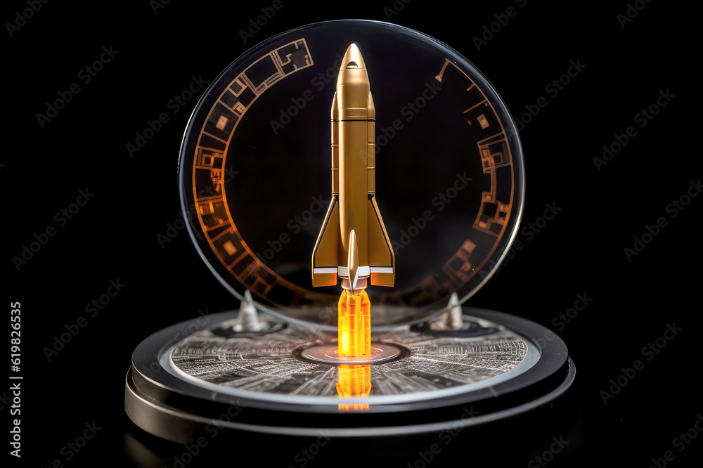 Futuristic Launch: A Model Rocket Display Illuminated Against a Dark ...