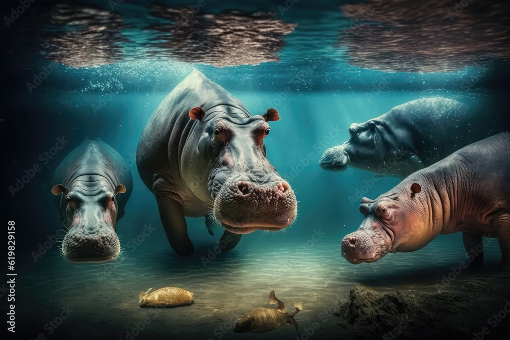 A group of hippopotamus lounging in the river in the zoo, hippo in the ...