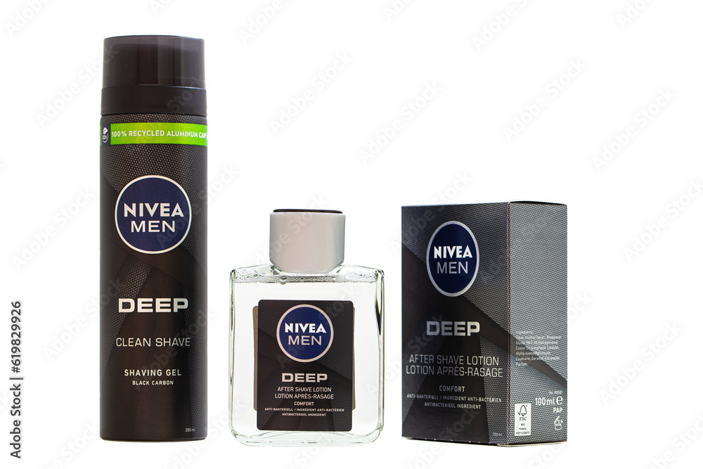 Nivea Men Deep Clean Shave shaving gel and After Shave Lotion on white ...