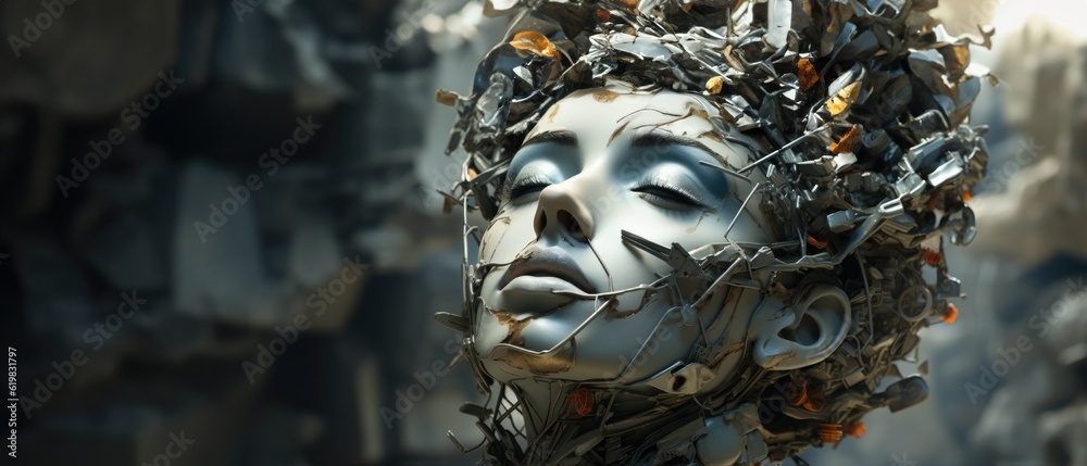 Concrete and welded rusty corroded steel metal sculpture portrait of a ...