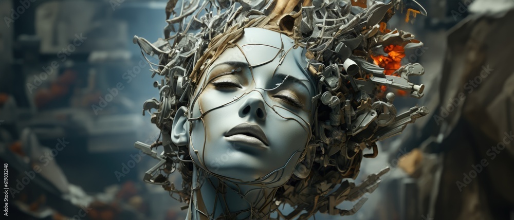 Concrete and welded rusty corroded steel metal sculpture portrait of a ...