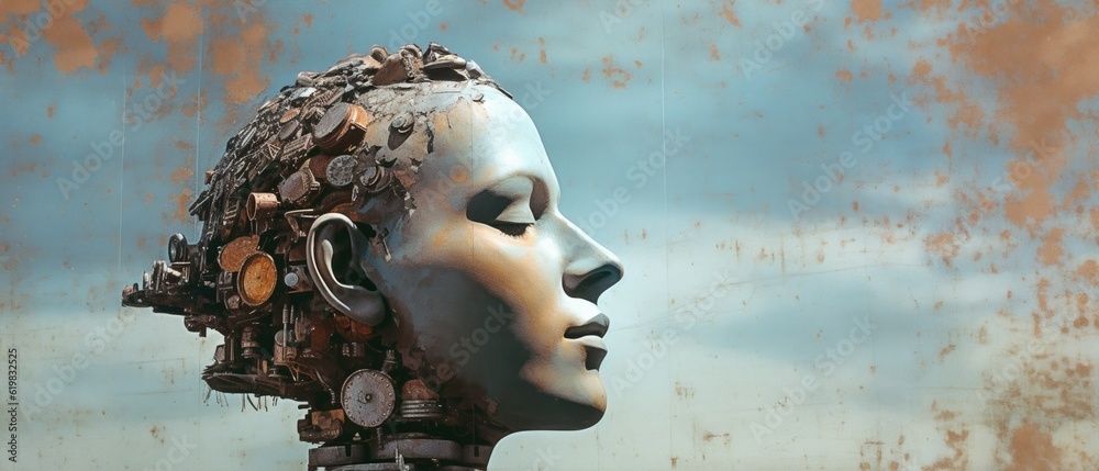 Concrete and welded rusty corroded steel metal sculpture portrait of a ...