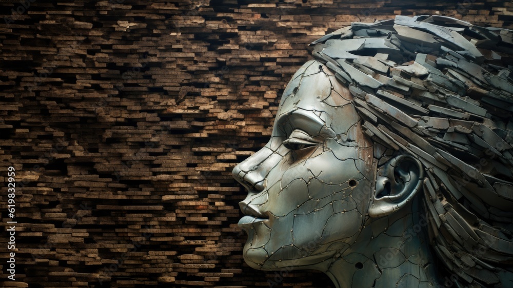 Concrete and welded rusty corroded steel metal sculpture portrait of a ...