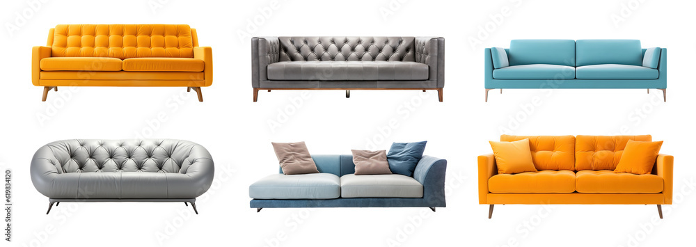 Set with different comfortable sofas on transparent background ...