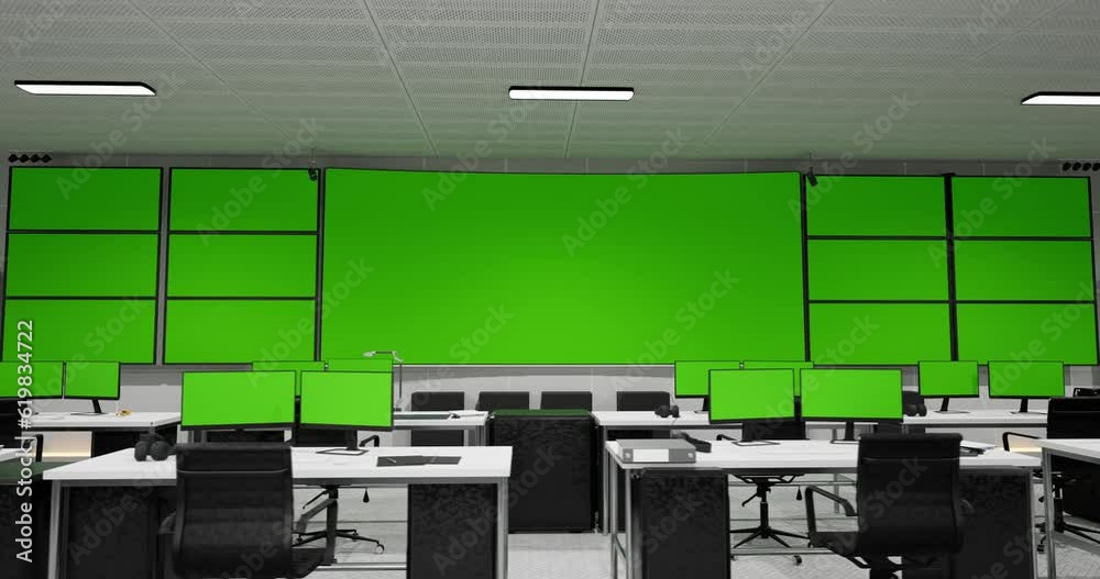 Big Green Screen Horizontal Mock Up In A Control Security Center Room ...