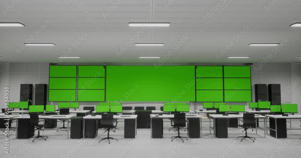 Big Green Screen Horizontal Mock Up In A Control Security Center Room ...
