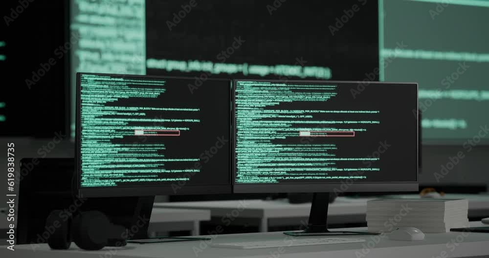 Close Up Of Terminal Window Desktops Showing Code Moving On Black Screen Background On The Table ...