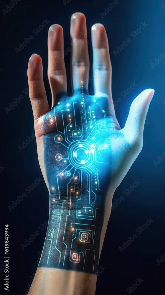 Tattooed human hand connected to futuristic digital technology ...