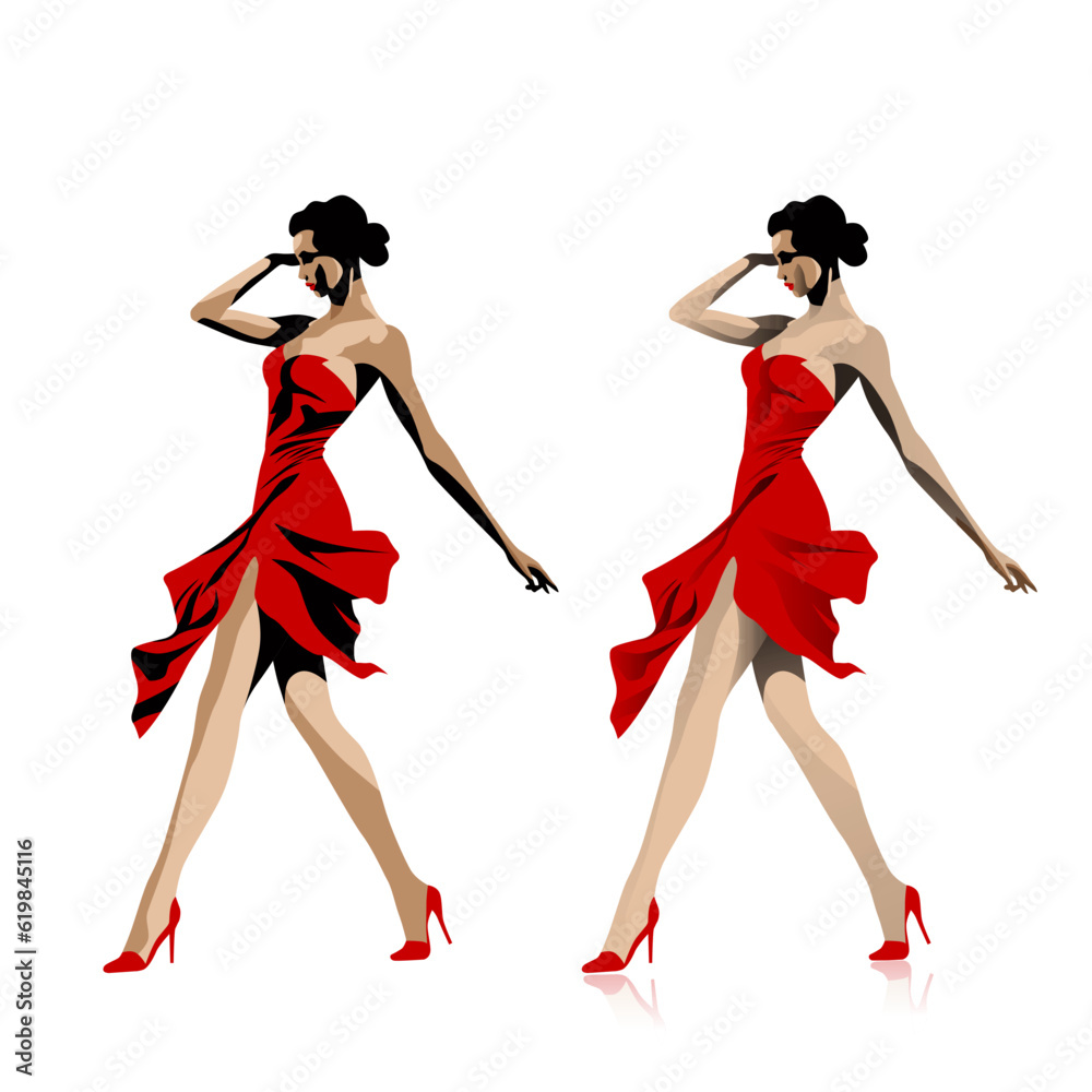 Young beautiful dancing woman wearing red dress and high heels ...