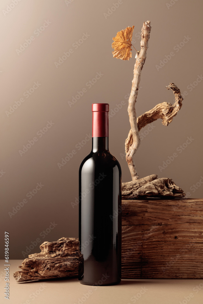 Bottle of red wine with a composition of old wood. Stock Photo | Adobe ...