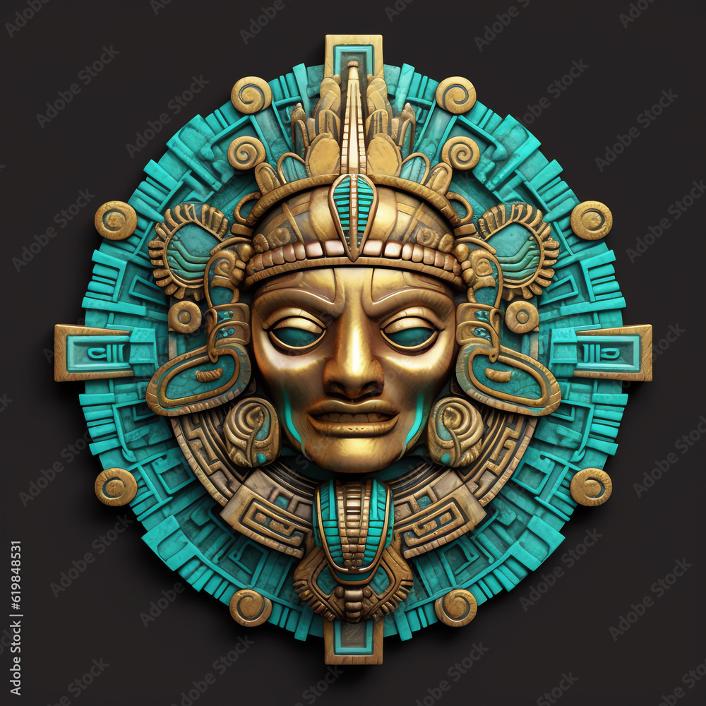 A gold Inca Mayan Aztec god head metal emblem. 3D style artifact metal ...