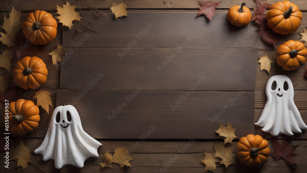 A Halloween themed background of a wood table with pumpkins, leaves and ...