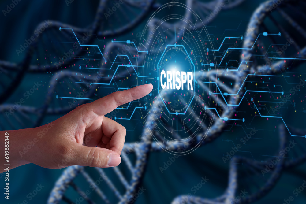 Finger touching CRISPR icon, genetically modified DNA, blue background ...
