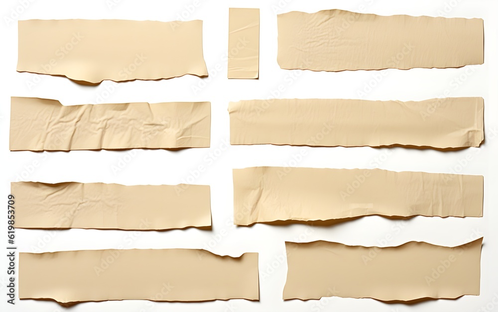 Collection of same beige paper scraps, ripped edges, cut-out design ...