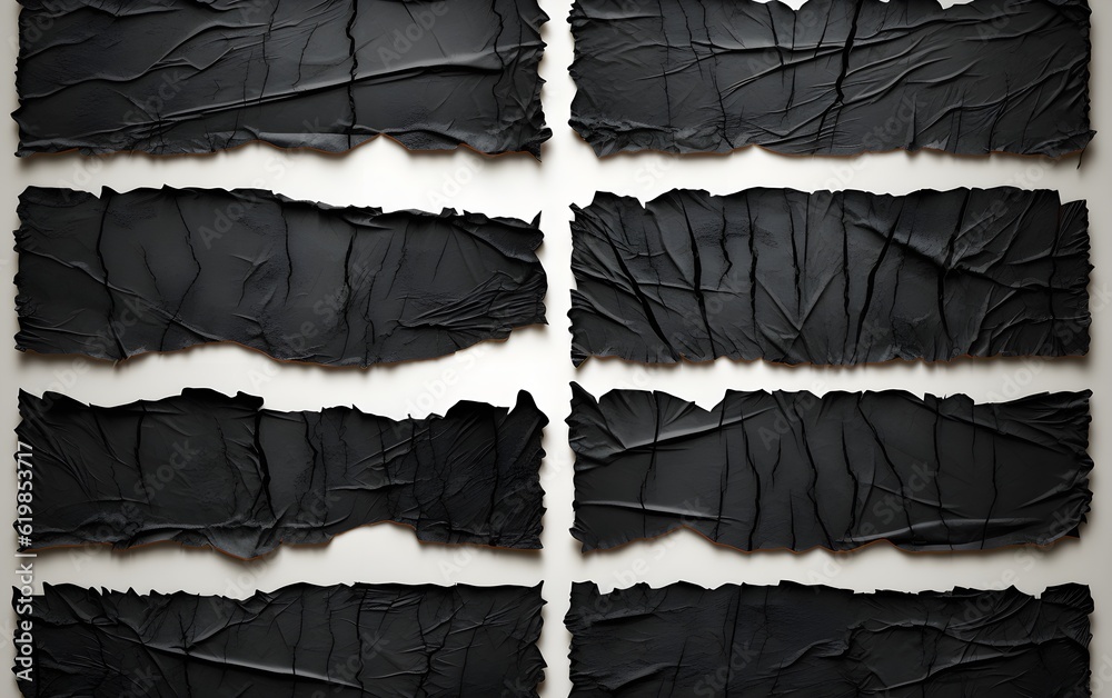 Detail-rich black paper tapes, torn edges, crafting supplies, isolated ...