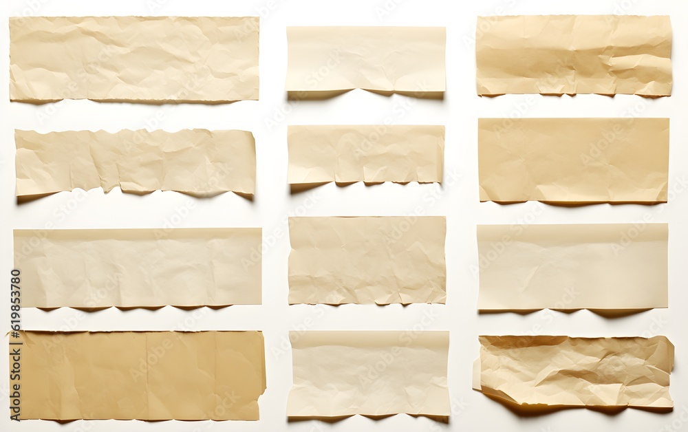 Comprehensive set of beige paper tapes, ripped edges detail, crafting ...