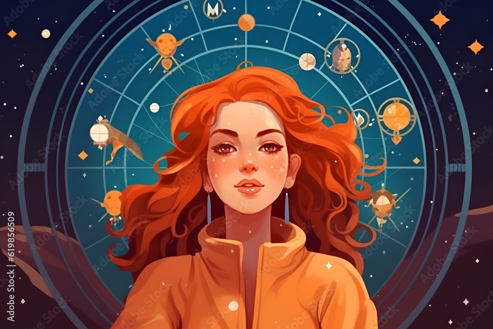 A female figure, a girl against the background of the starry sky with ...