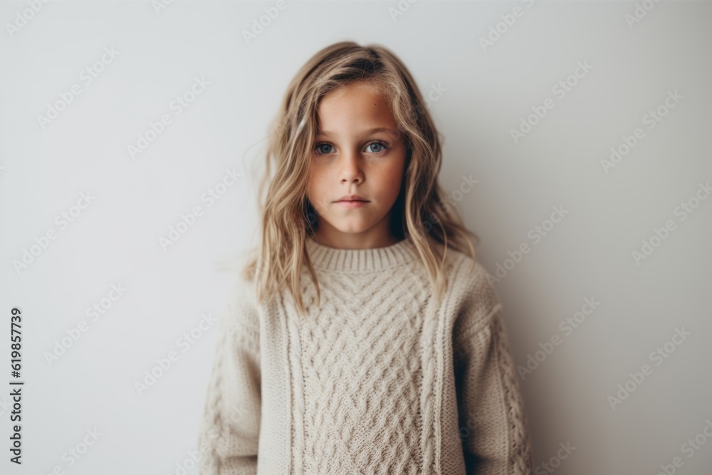 Lifestyle portrait photography of a serious child female wearing a cozy ...