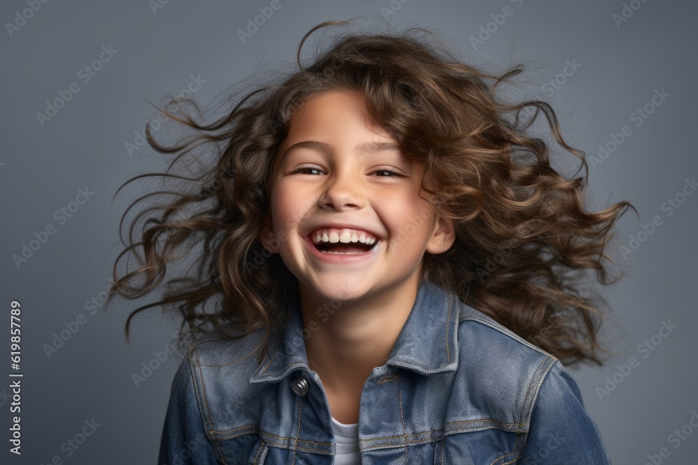Portrait of a smiling little girl with flying hair on grey background ...