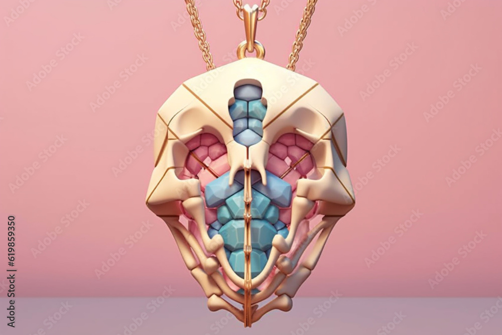 A pastel-colored geometric-inspired skeleton pendant necklace with ...