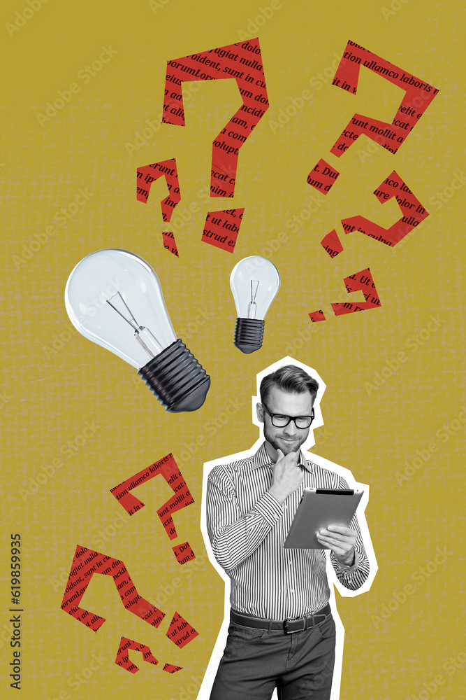 Vertical collage image of black white gamma minded guy use tablet big ...