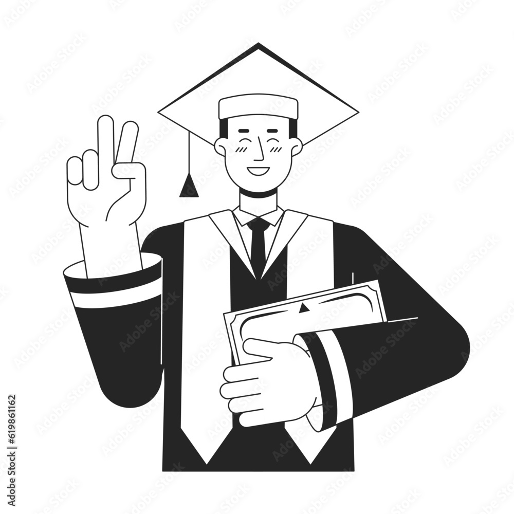 Graduate man in robe and academic cap flat line black white vector ...