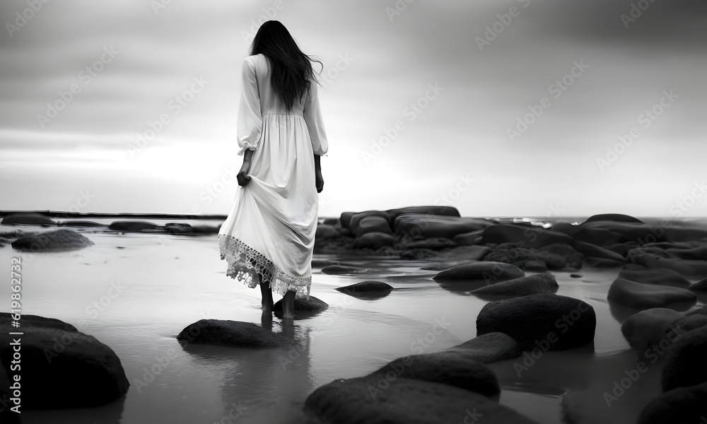 Fashion surreal Concept. Stunning beautiful woman girl long dress shore ...