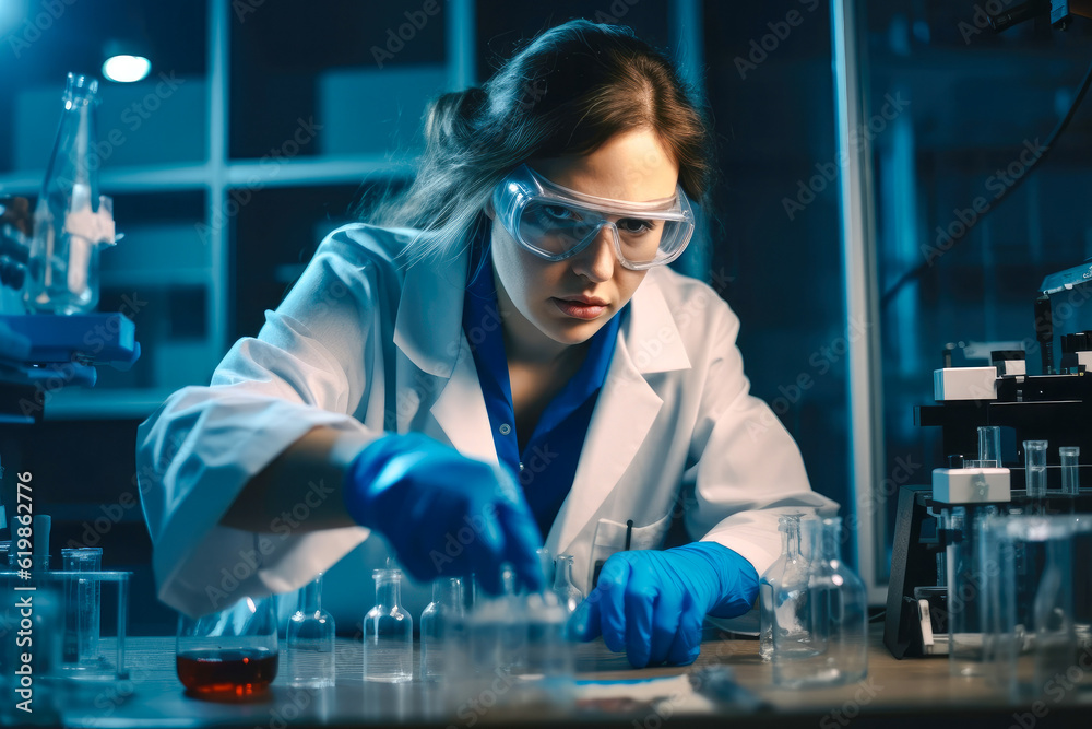 Serious concentrated female microbiologist in sterile clothing and ...