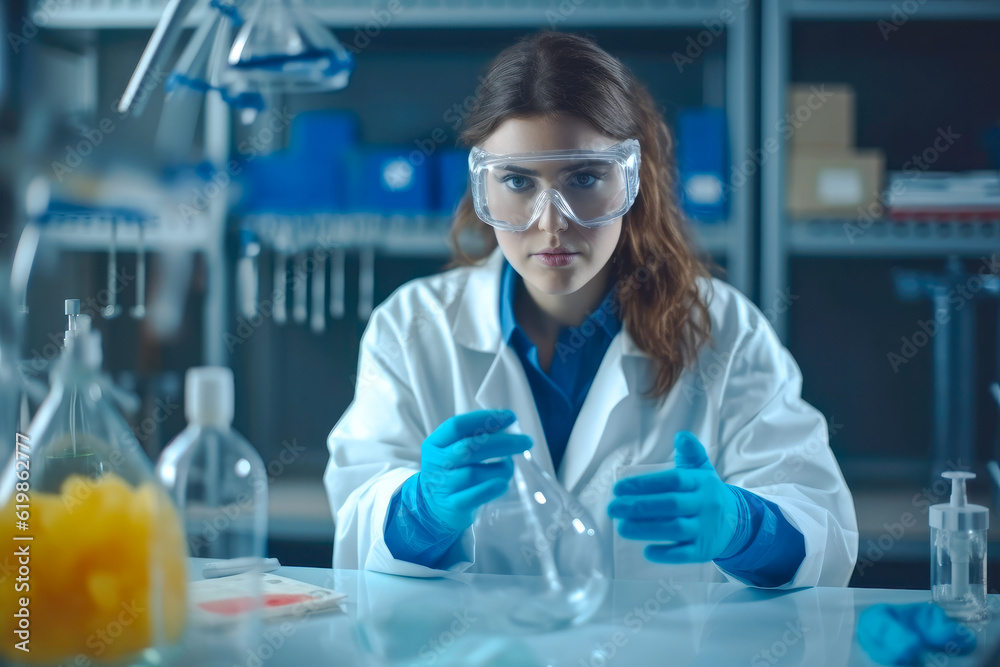 Serious concentrated female microbiologist in sterile clothing and ...