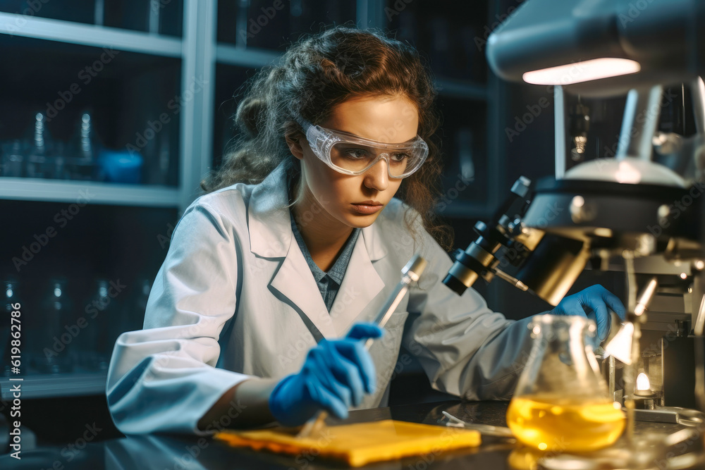 Serious concentrated female microbiologist in sterile clothing and ...