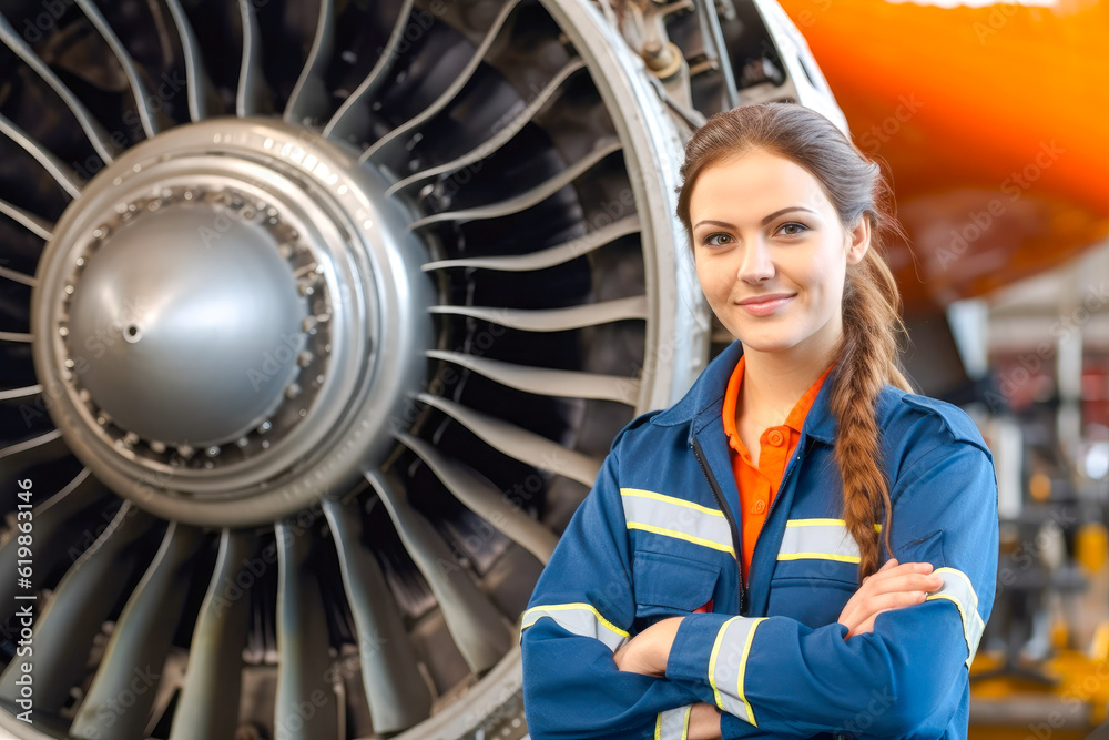Proud and confident female aerospace engineer working on an aircraft or ...