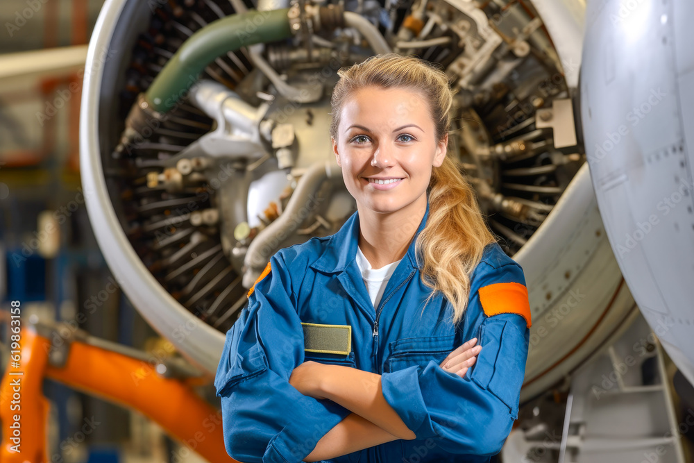 Proud and confident female aerospace engineer working on an aircraft or ...