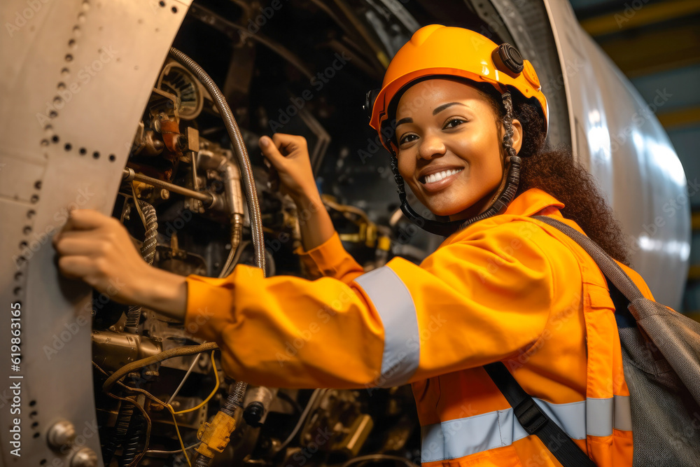 Proud and confident African American female aerospace engineer working ...