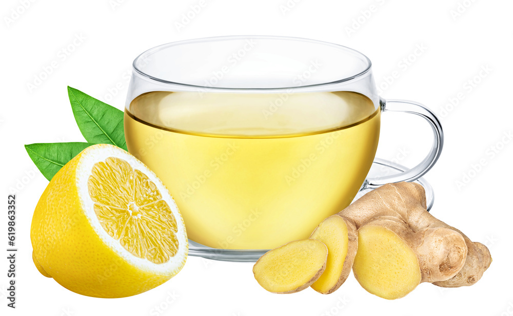 Cup of tea with ginger and lemon isolated on white or transparent ...