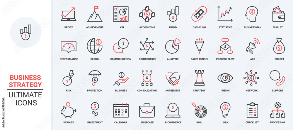 Red black thin line icons set for business strategy, activity process ...